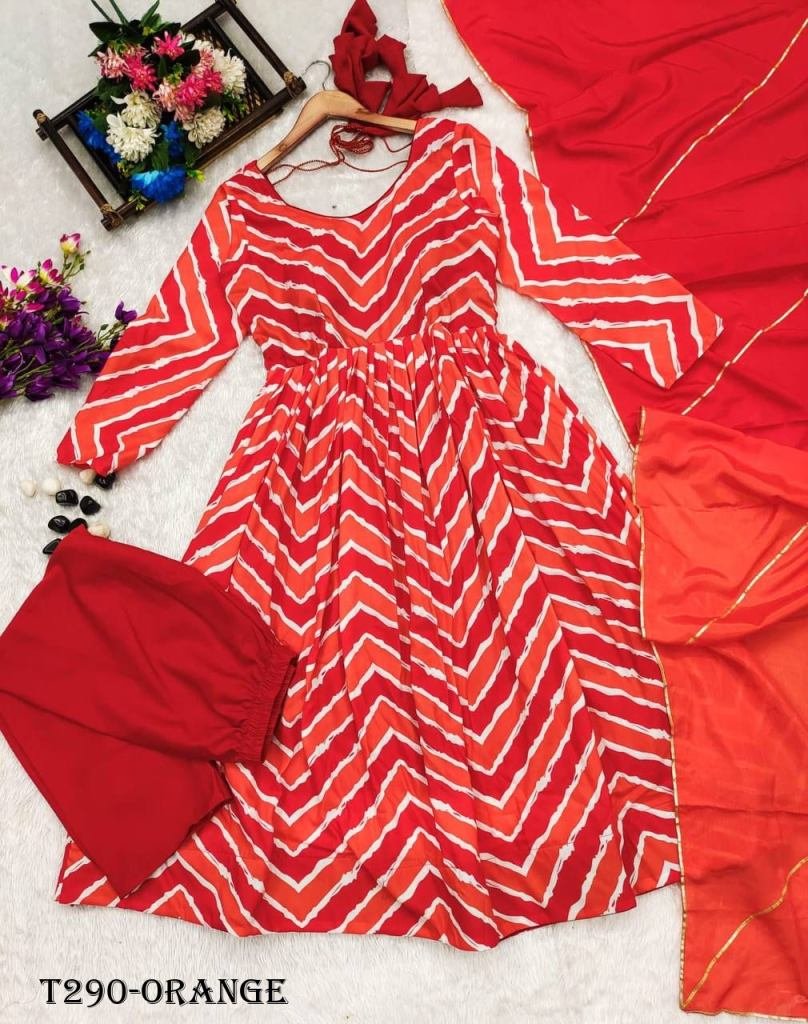 Attractive Orange Muslin Leheriya Suit Set For Women