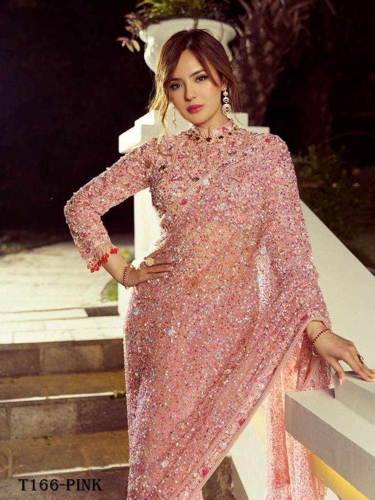 Baby Pink Georgette With Sequins Embroidery Work Saree