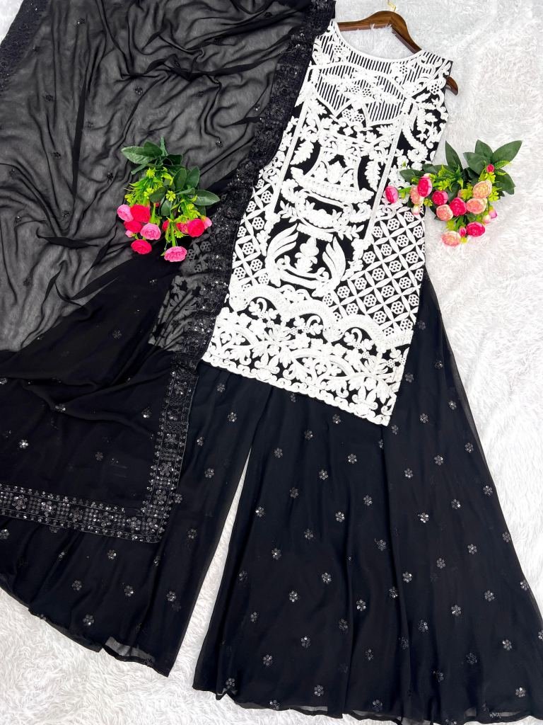 Black And White Thread Work Georgette Palazo Suits