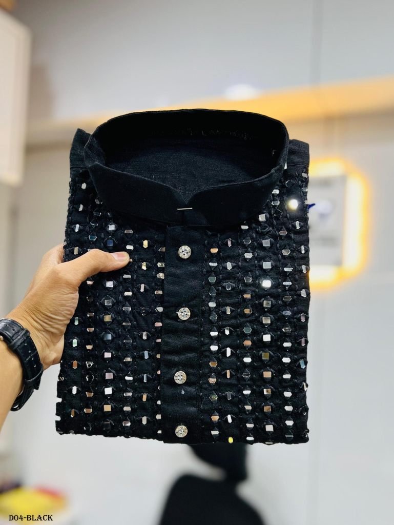 Black Color Classic real mirror work mens kurta by fab funda