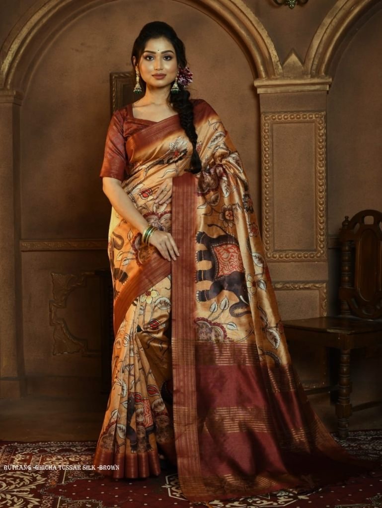 Brown Soft Ghicha Tussar Silk Saree with Beautiful Kalamkari Printed Work