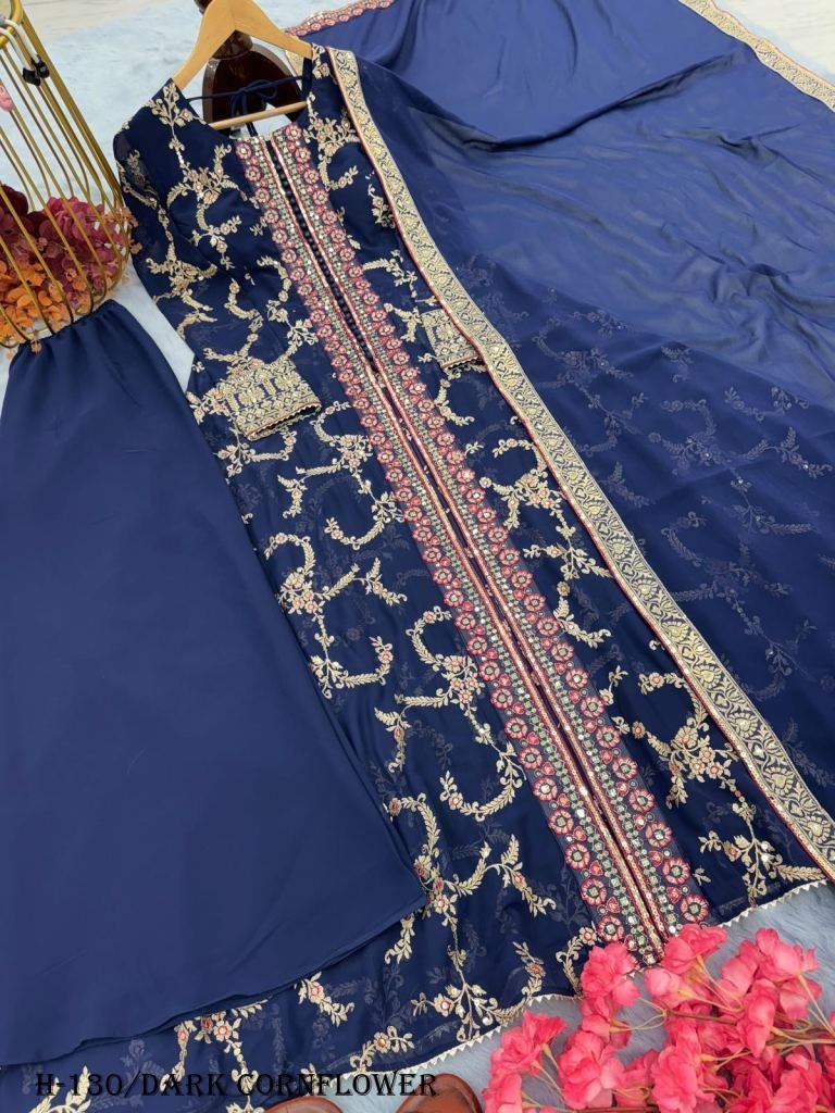 Dark Cornflower color Georgette Anarkali Sharara Suit Set