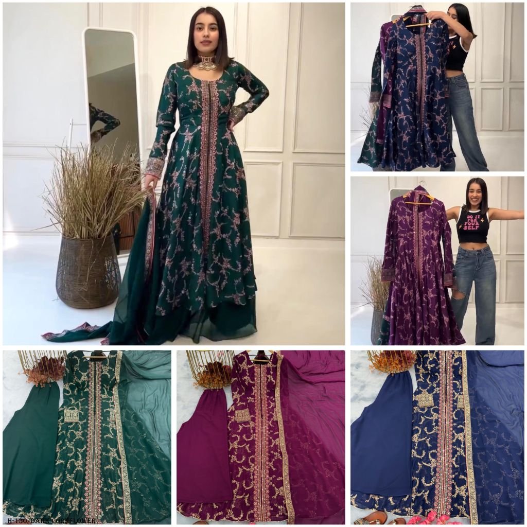 Dark Cornflower color Georgette Anarkali Sharara Suit Set