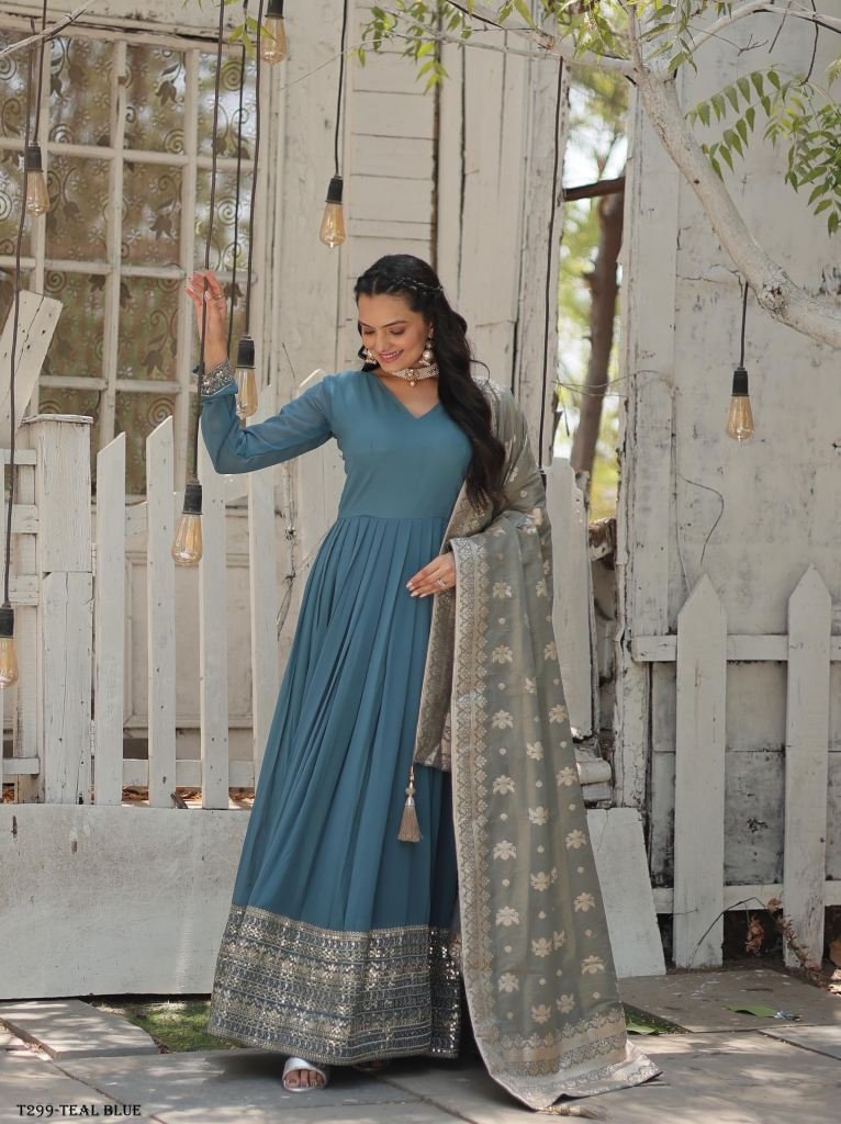 Designer Fancy Teal Blue Georgette Gown With Sequins Work