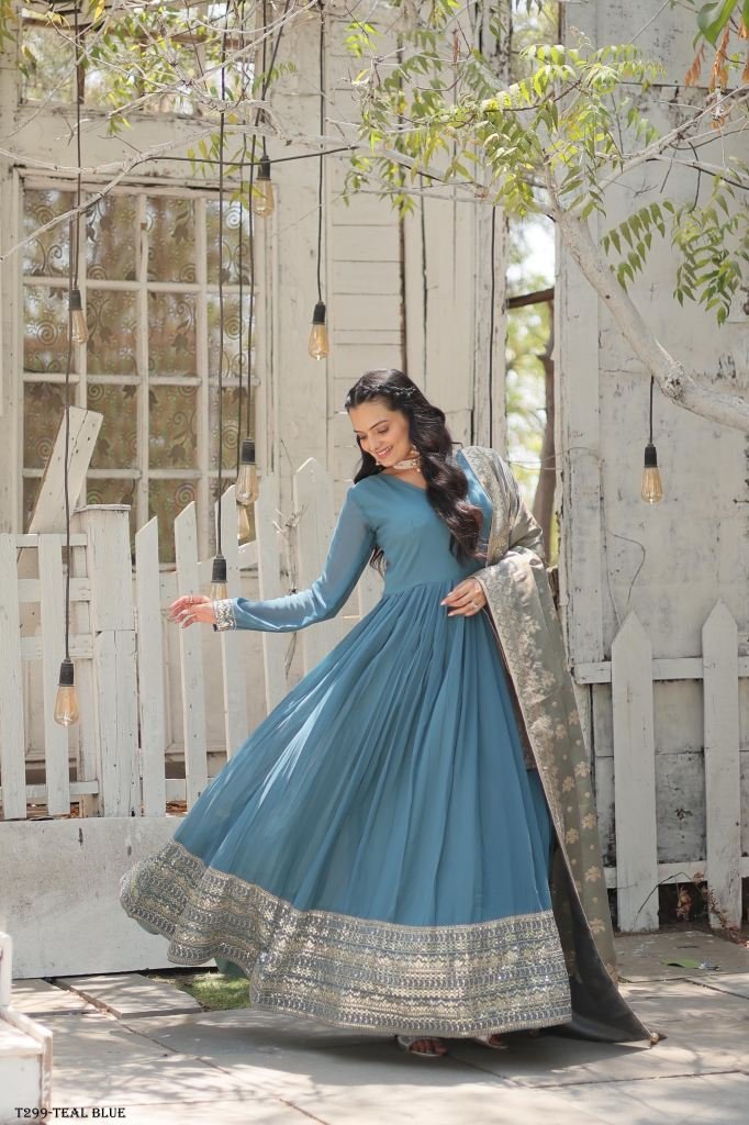 Designer Fancy Teal Blue Georgette Gown With Sequins Work