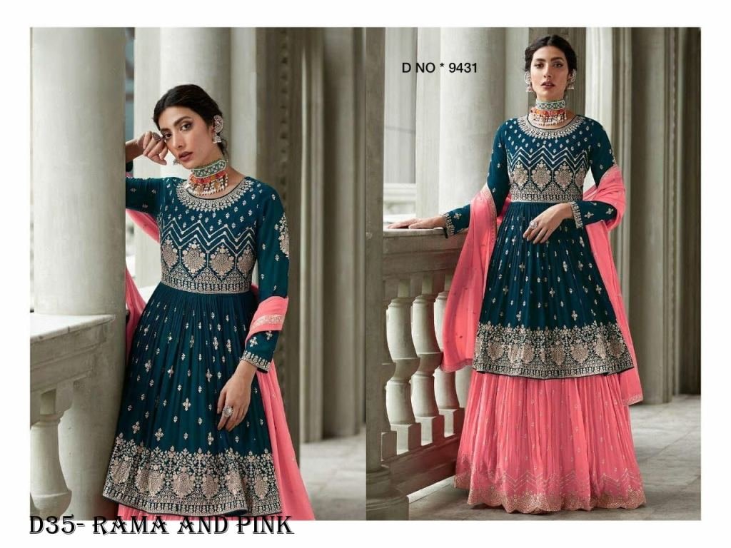 Elegant Rama and Pink Anarkali Suit with Intricate Embroidery