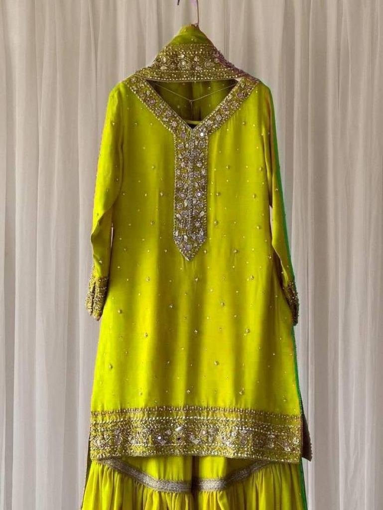 Elusive Parrot Green Sequence And Embroidered Georgette Sharara Suits