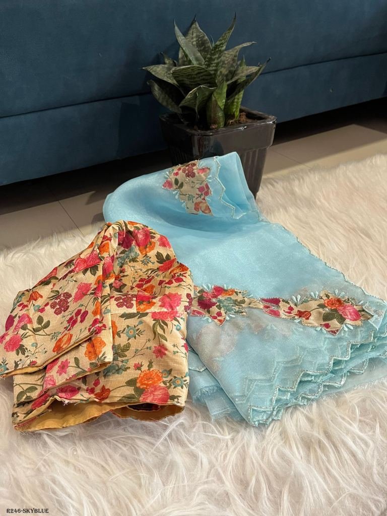 Exclusive Sky Blue Handwork Crystal Organza Saree