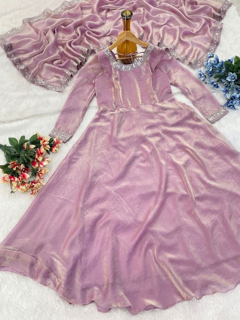 Fashionable Fendy Silk Embroidered Gown With Umbrella Flair