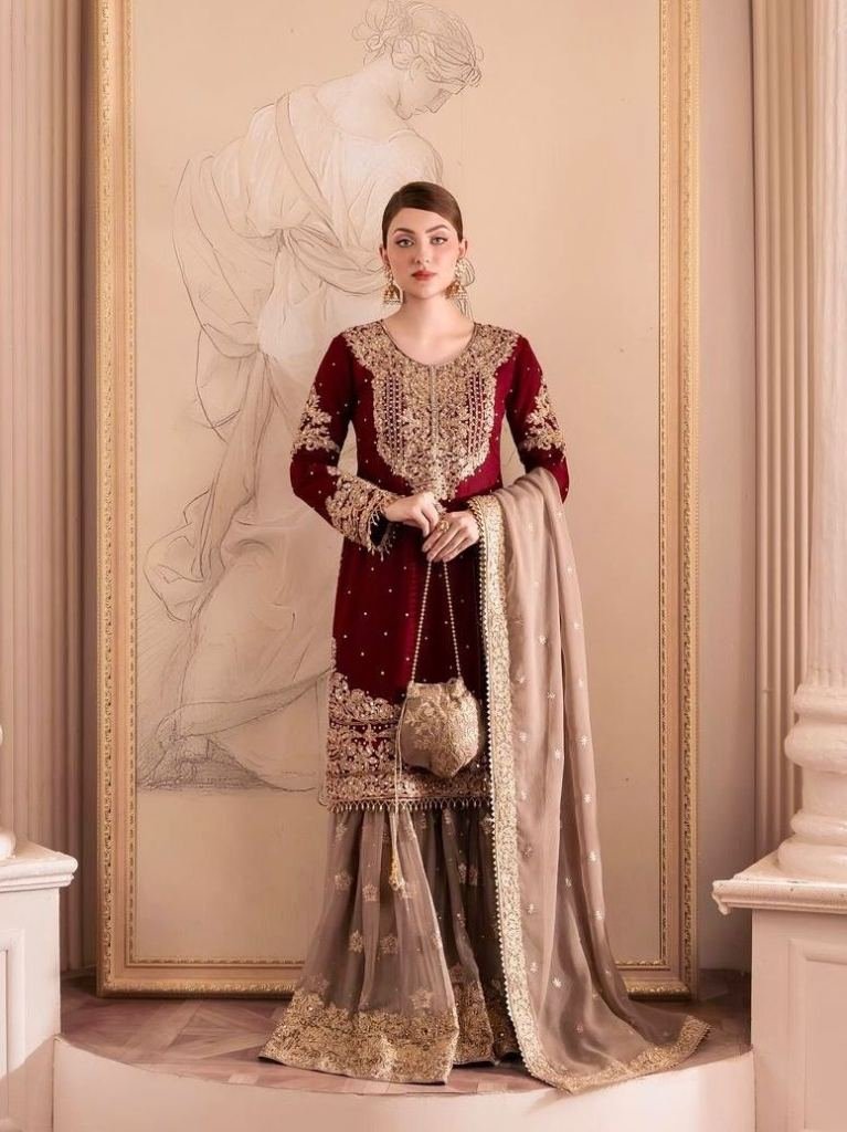 Fox Georgette Red Sharara Suit With Real Mirror Work