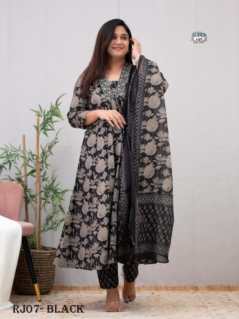 Hand-Block Print Black Kurti Pant Dupatta Set
