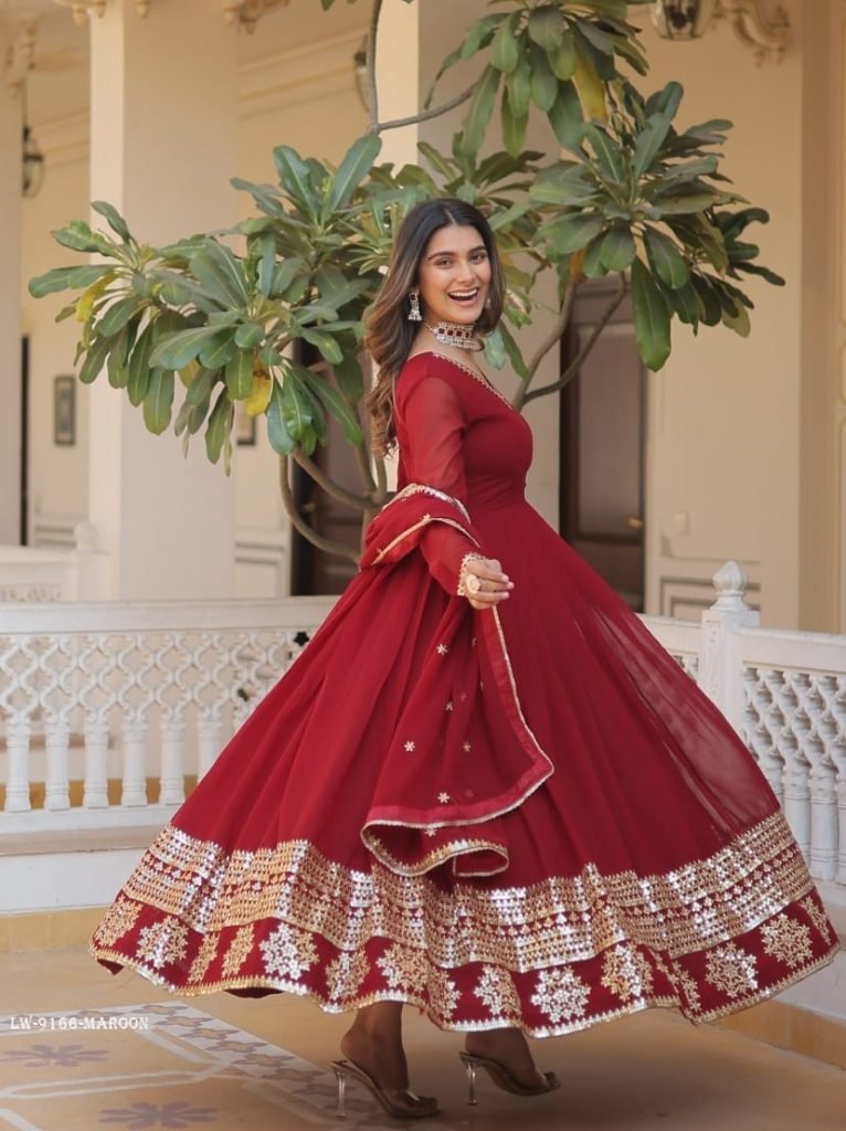 Maroon Readymade Sequins Faux Blooming Gown with Dupatta