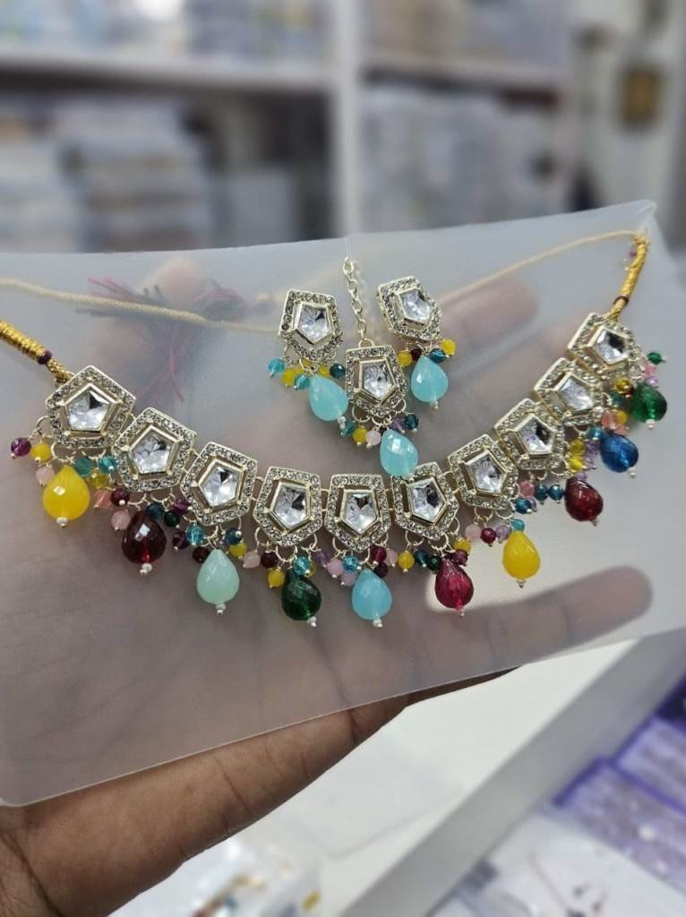 Multi Color Diamond Necklace set with Mang Tikka by fan funda surat