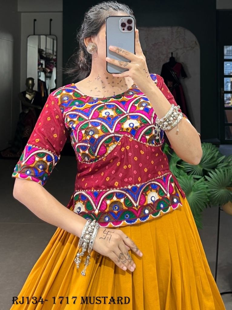 Mustard Gamthi Work Lehenga With Bandhej Print Blouse
