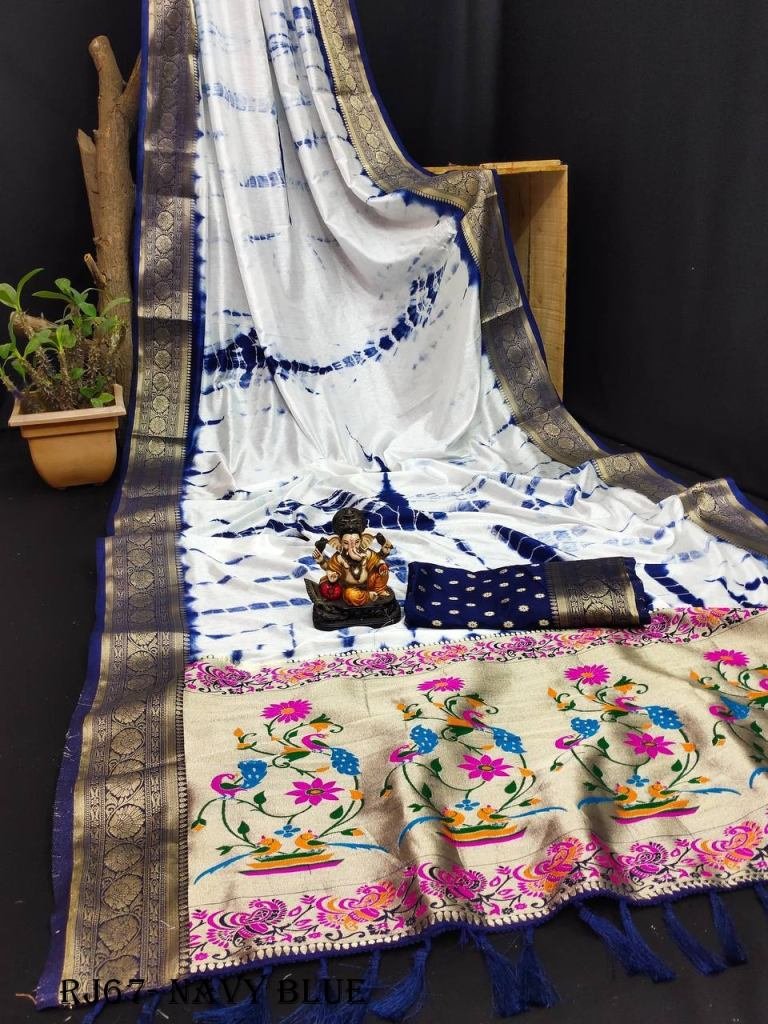 Navy blue color dola silk saree with shibori print