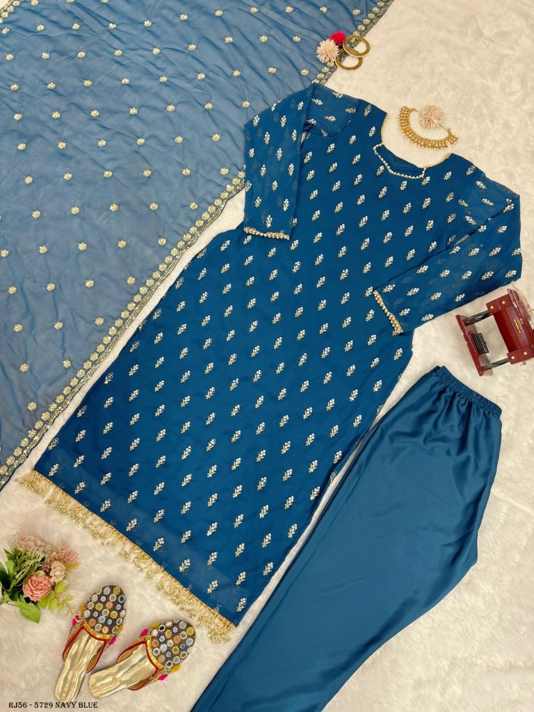 Navy Blue Georgette Rivet moti salwar suit with Dupatta