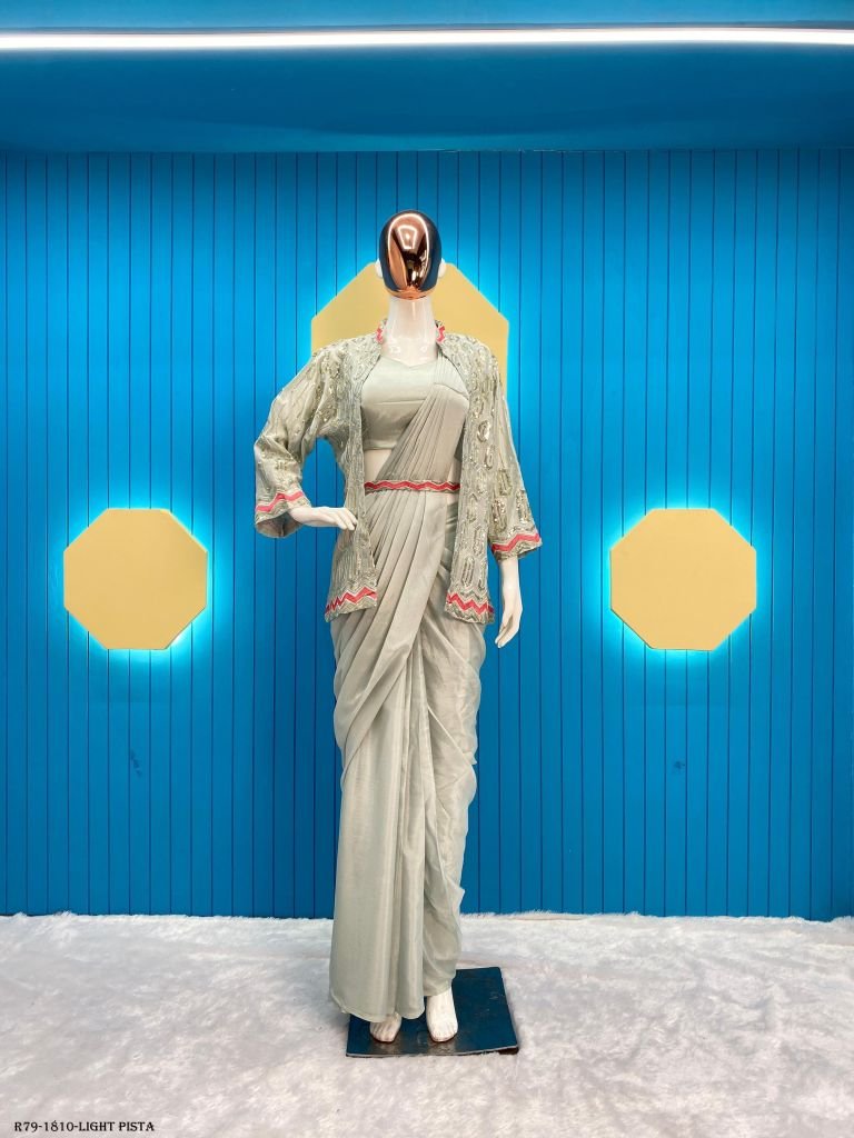 New Latest Stylist Light Pista Ready To Wear Embroidered Saree