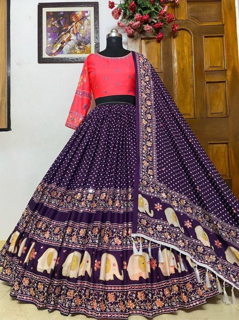 Real Mirror Work Digital Print Butter Silk Purple Lehenga Choli