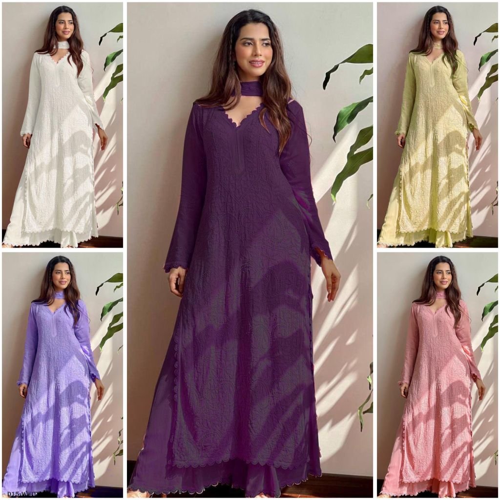 Special White Color Georgette Thread Embroidery Palazzo Set by Fab Funda