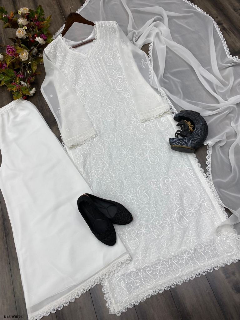 Special White Color Georgette Thread Embroidery Palazzo Set by Fab Funda