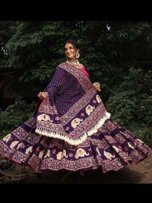 Real Mirror Work Digital Print Butter Silk Purple Lehenga Choli