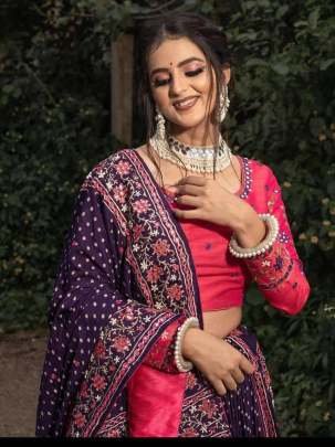 Real Mirror Work Digital Print Butter Silk Purple Lehenga Choli