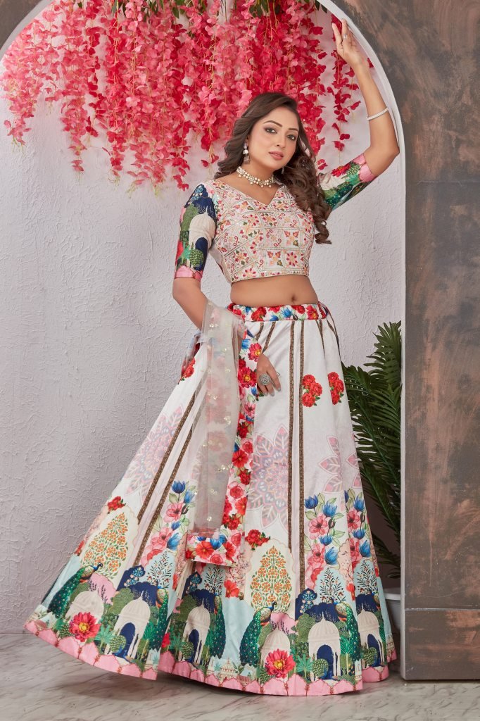 Vibrant Multi-Color Printed Lehenga with Embroidered Choli and Dupatta
