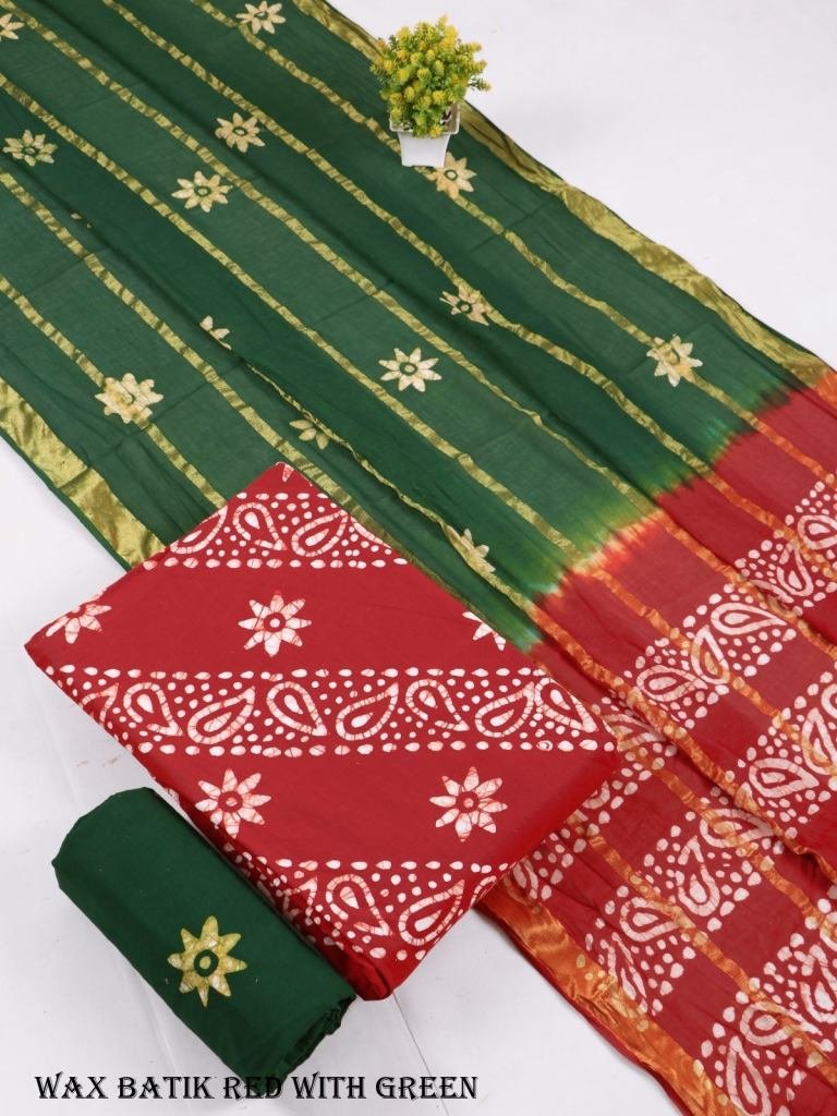 Wax Batik Red With Green Cotton Dress Material