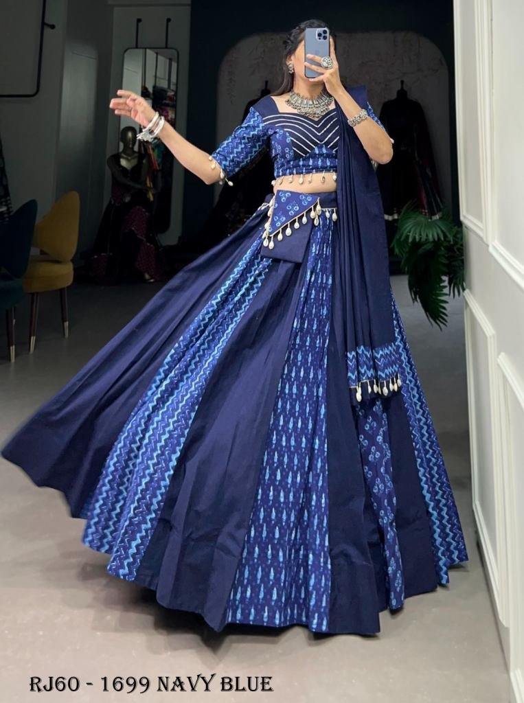 Women's Pure Cotton With Printed With Cowrie (Kodi) Navy Blue Navratri ...