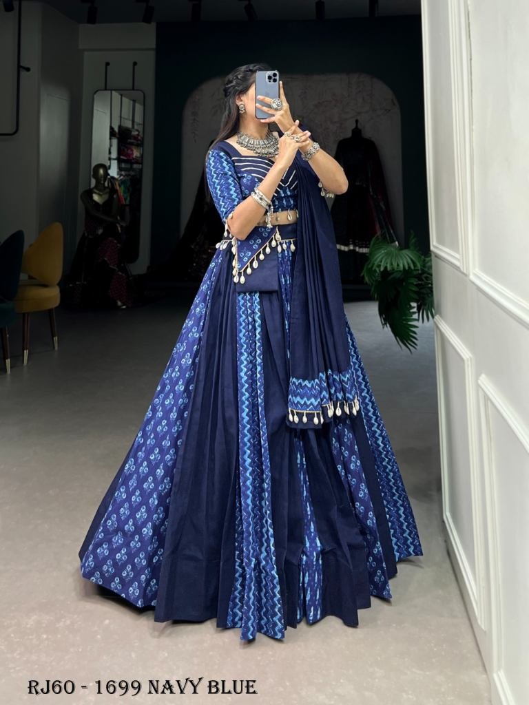 Women's Pure Cotton With Printed With Cowrie (Kodi) Navy Blue Navratri ...