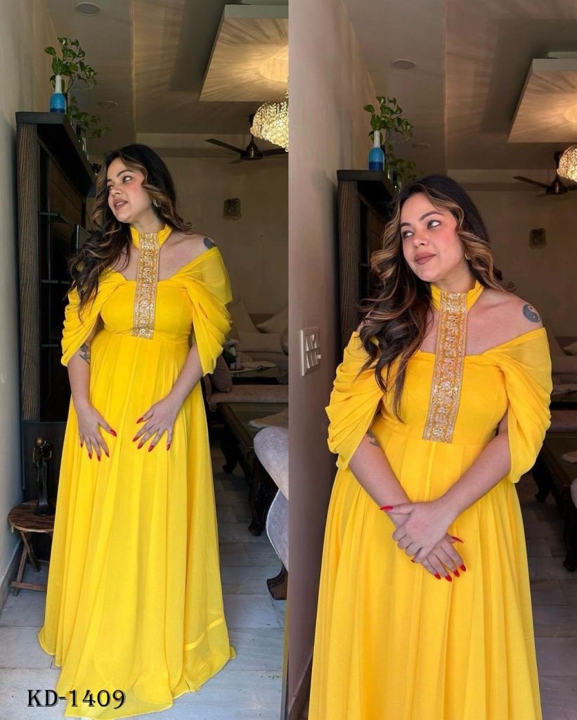 Yellow Georgette designer gown for ceremony by fab funda