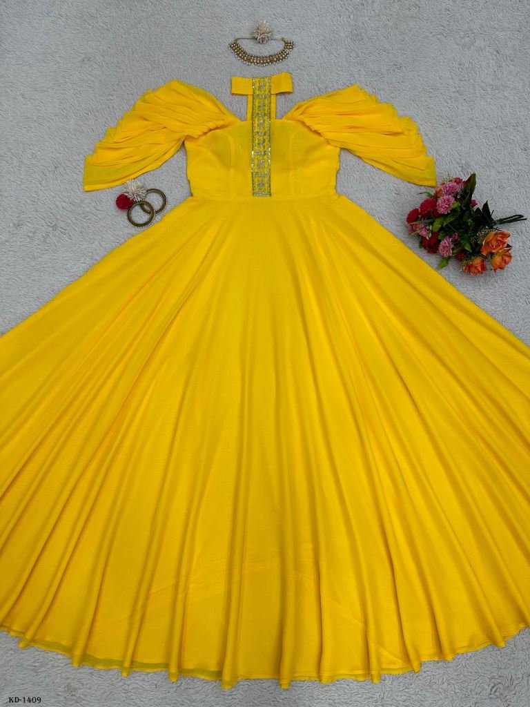 Yellow Georgette designer gown for ceremony by fab funda